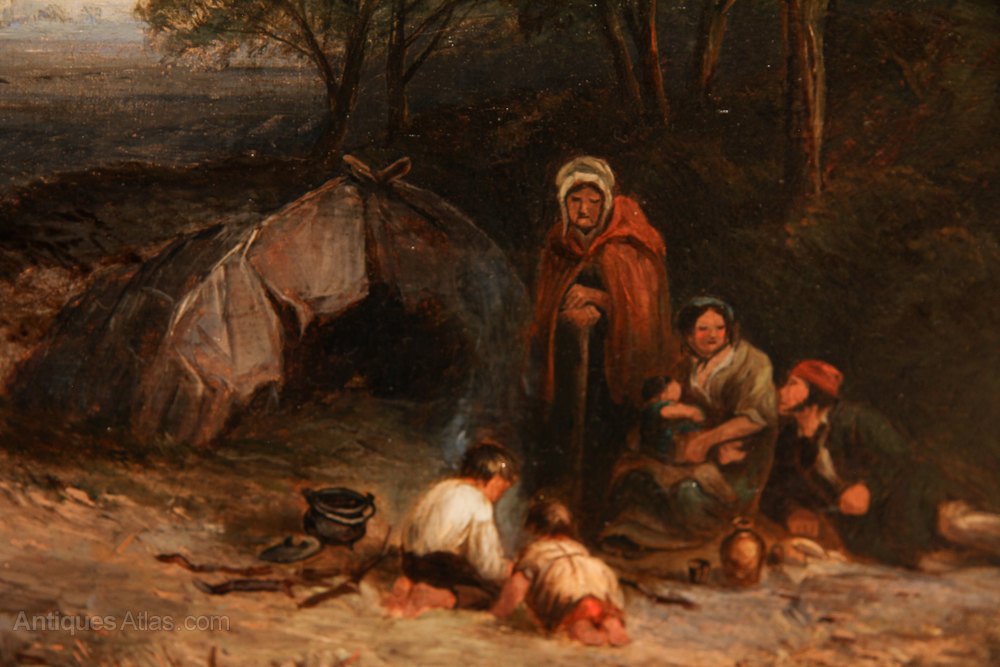 Antiques Atlas - "Gypsy Camp, Evening" Oil Painting Thomas Dingle