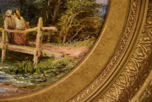 Antiques Atlas - Oil Painting By Henry Barnes Crossing The Bridge