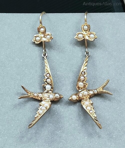 Antiques Atlas - Rare Victorian 15ct Gold Pearl Swallow Earrings