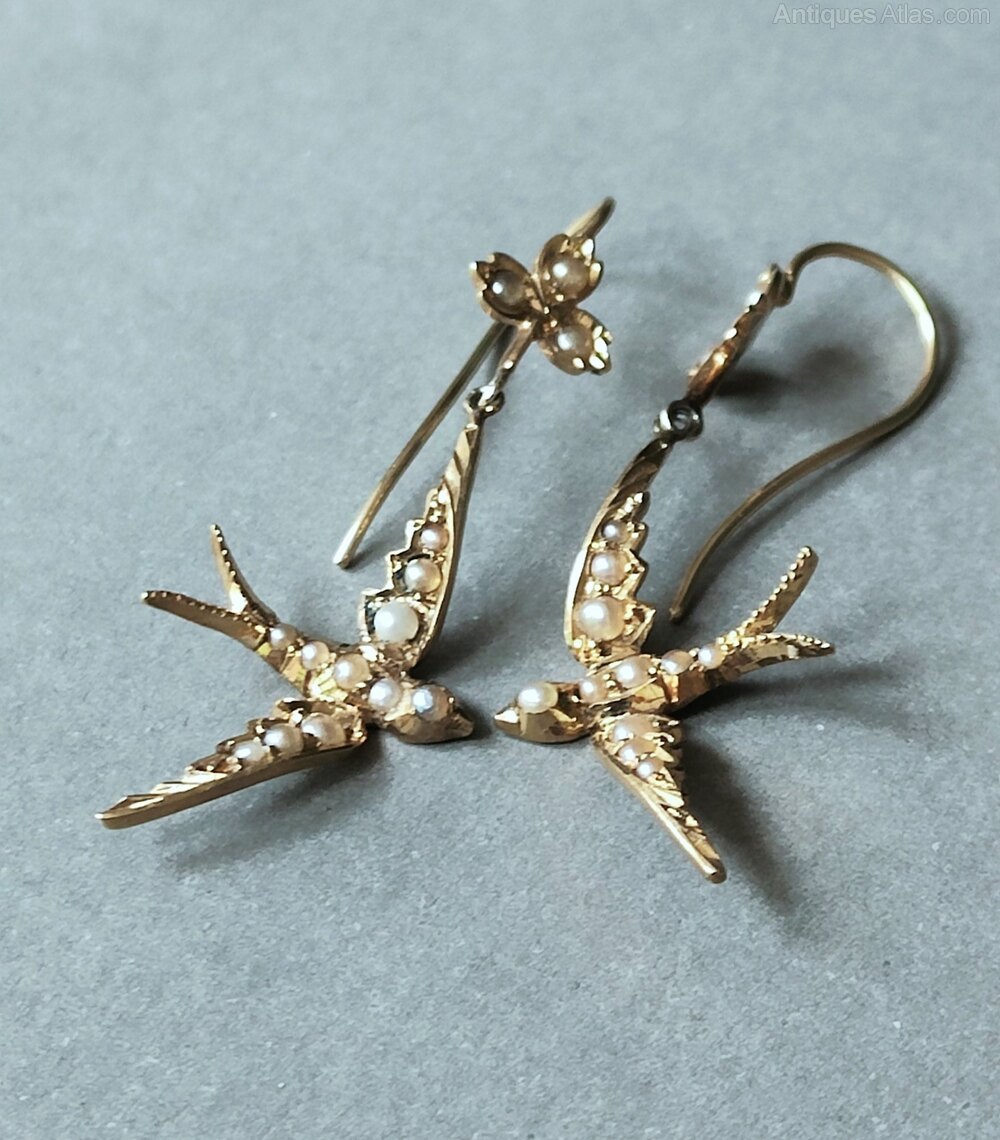 Antiques Atlas - Rare Victorian 15ct Gold Pearl Swallow Earrings