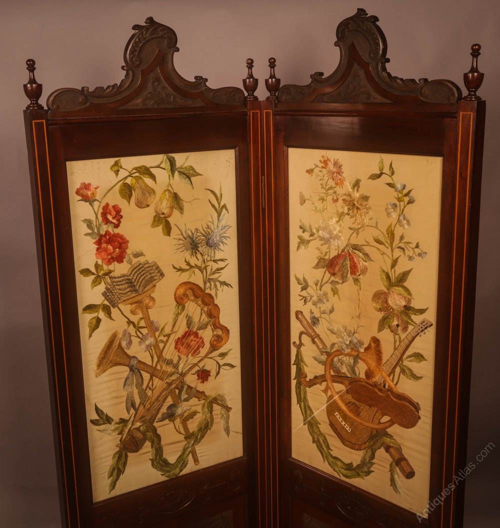 A Super 2 Fold Screen Needle Work Music And Flower - Antiques Atlas