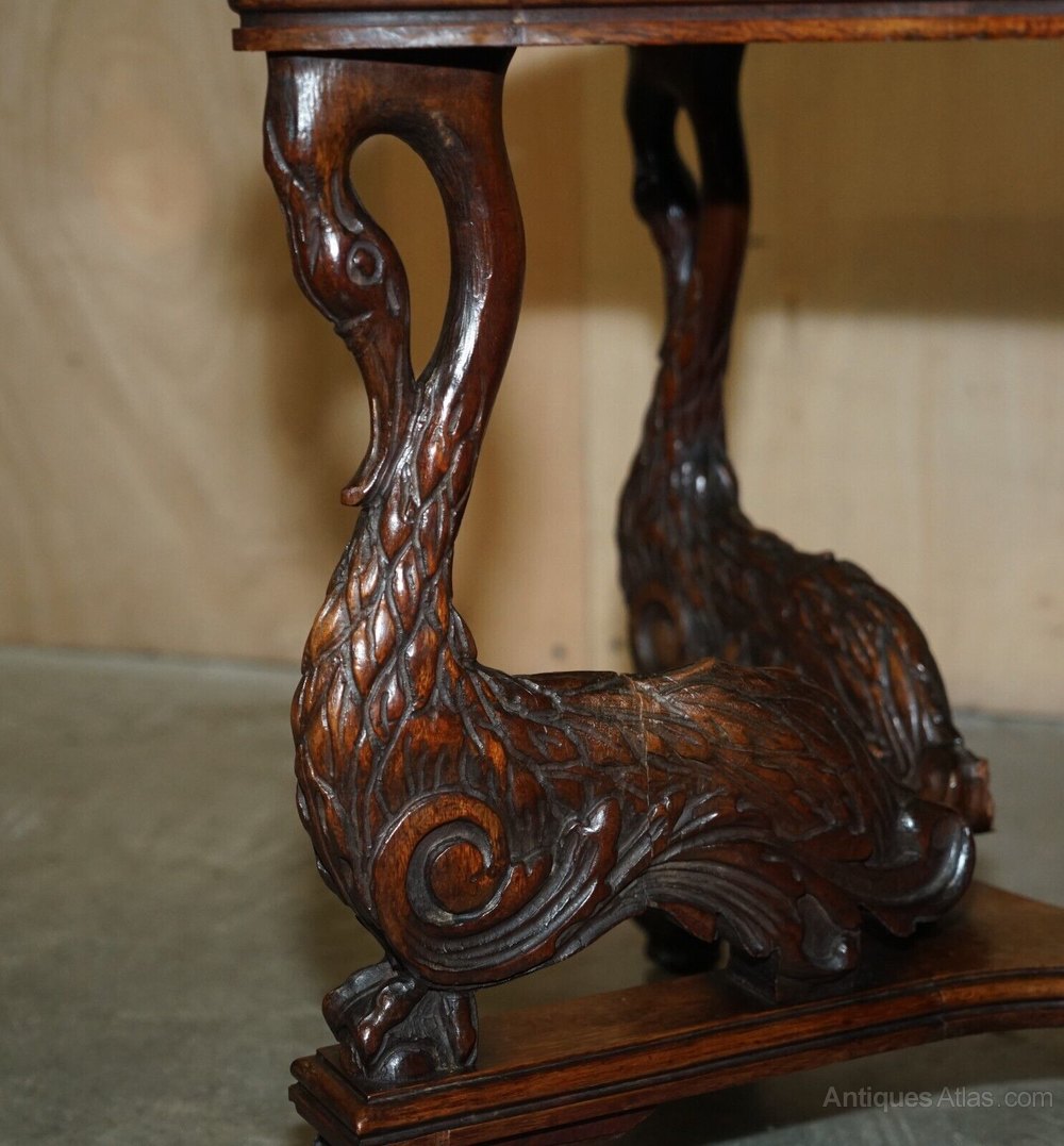 Circa 1880 Carved Oak Swans Marble Side Table - Antiques Atlas