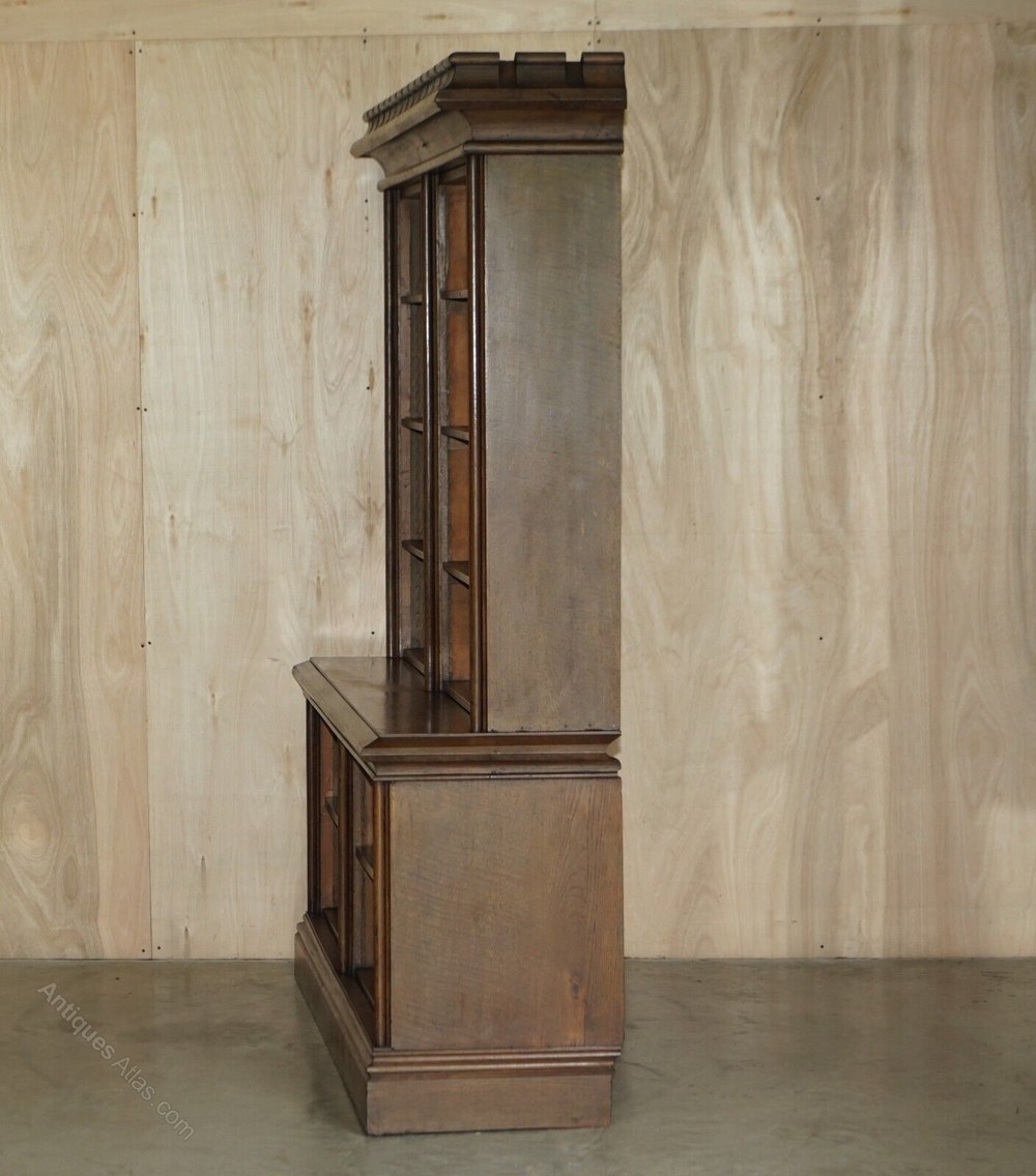 Pair 1870 English Oak Castle Top Library Bookcases - Antiques Atlas