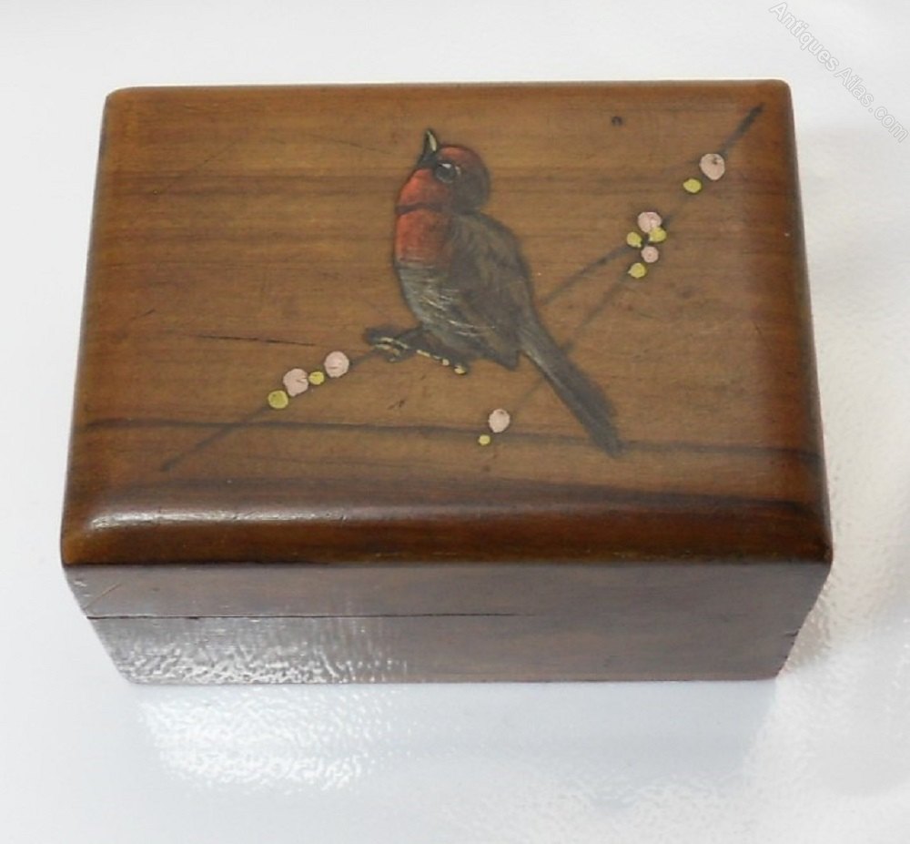 Antiques Atlas - Vintage Wooden Stamp Case With Painted Robin