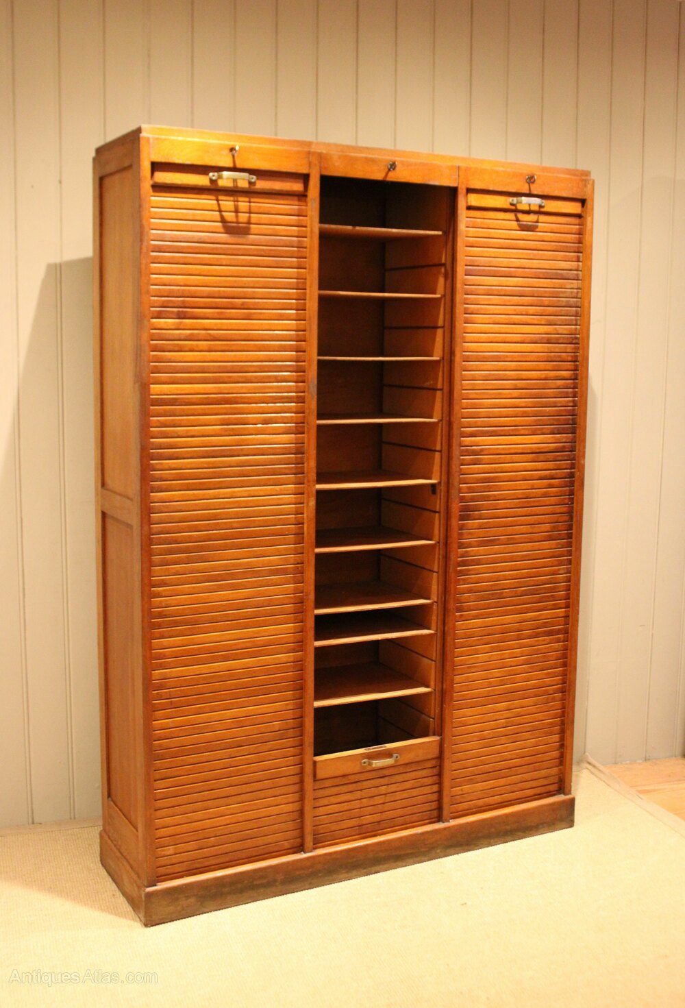 French Oak Triple Tambour Front Filing Cabinet as294a6501 - Antiques Atlas