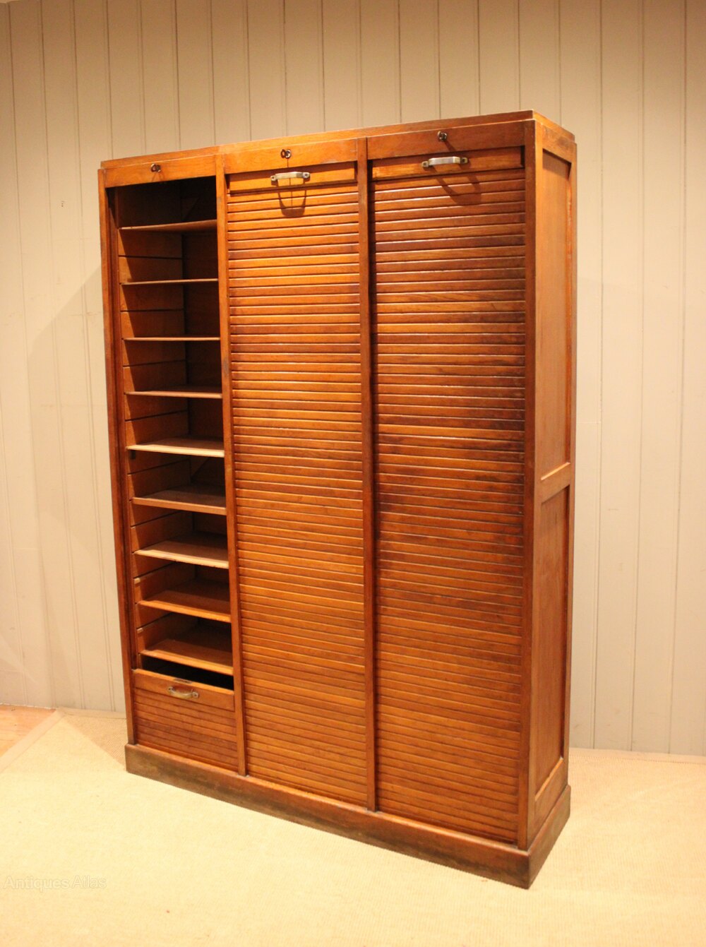 French Oak Triple Tambour Front Filing Cabinet as294a6501 - Antiques Atlas