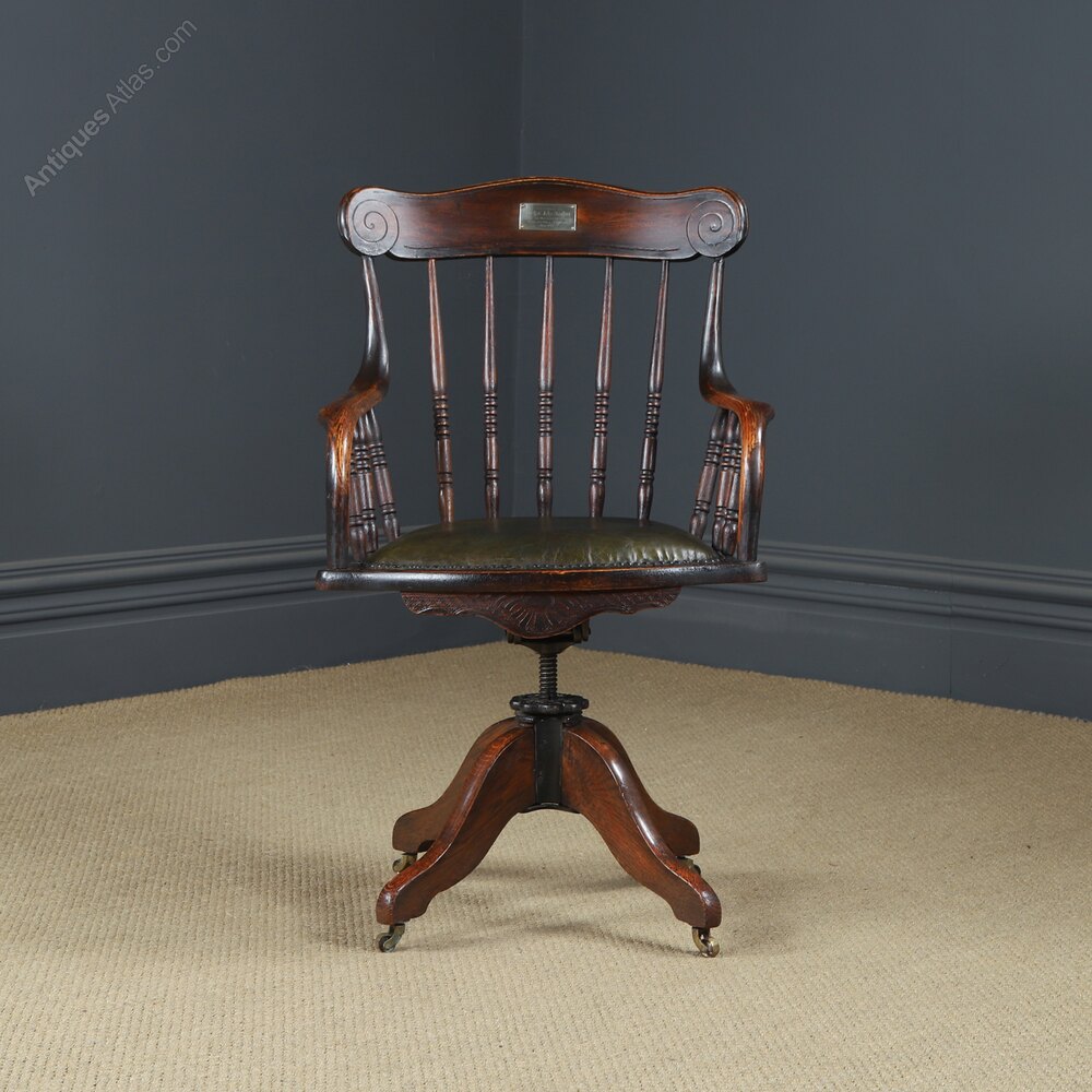 Antique English Edwardian Oak & Leather Desk Chair as236a3462 / 119446 ...