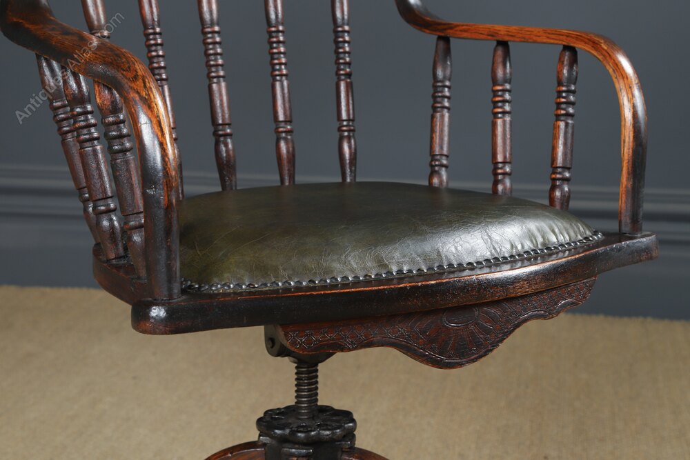 Antique English Edwardian Oak & Leather Desk Chair as236a3462 / 119446 ...